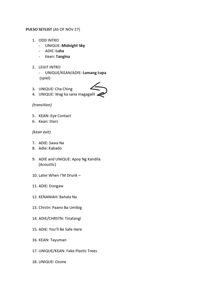 Pulso Setlist (As of Nov 27) : (Transition) | PDF