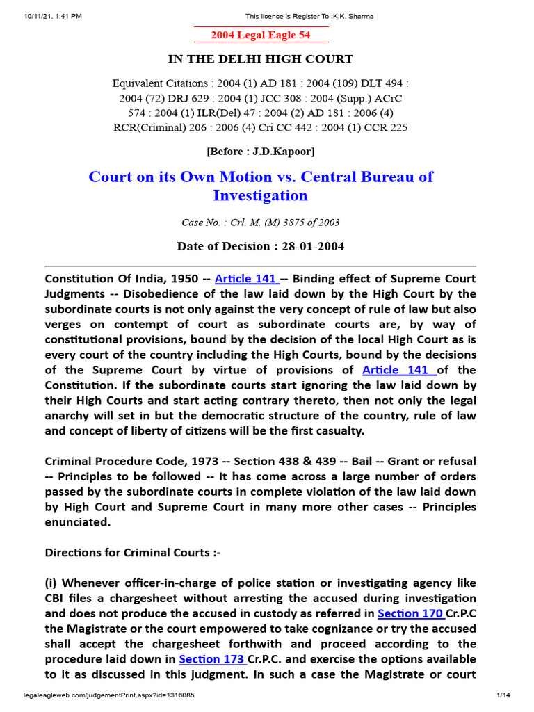 Court On Its Own Motion Vs CBI | PDF | Bail | Arrest