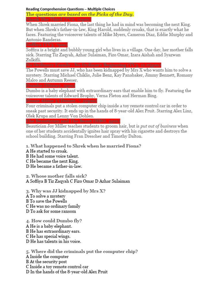 Comprehension Questions - Multiple Choice 5 | PDF
