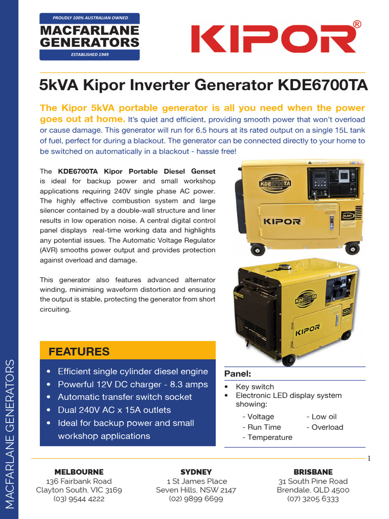 Kipor KDE6700TA Brochure | PDF