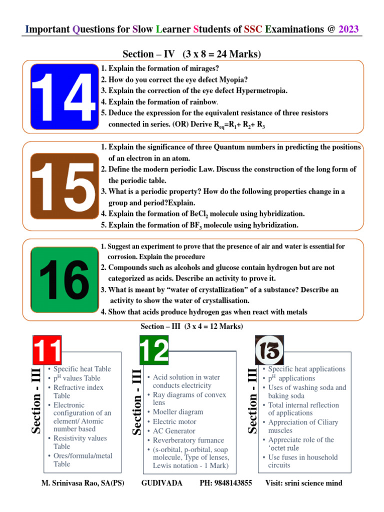 Important Questions For Slow Learner Students of SSC Examinations at 2023 1 | PDF | Molecules ...