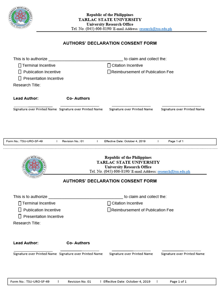 Tsu Uro SF 49 Authors Declaration Consent Form | PDF | Career & Growth