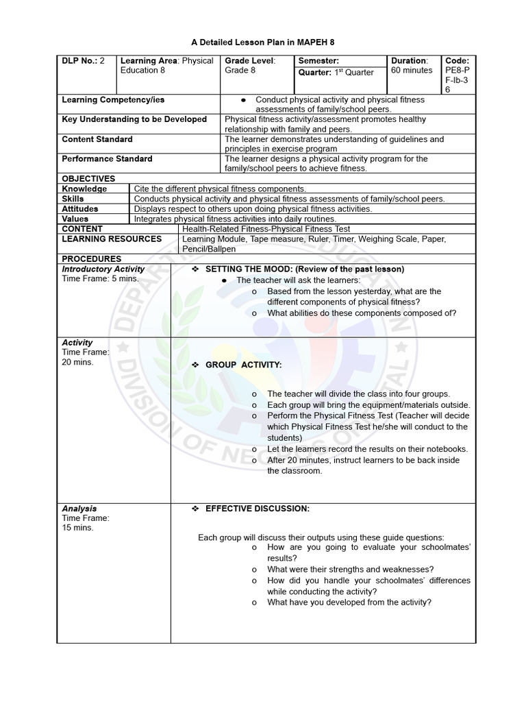 Pe8 Q1 DLP2 | PDF | Learning | Physical Fitness