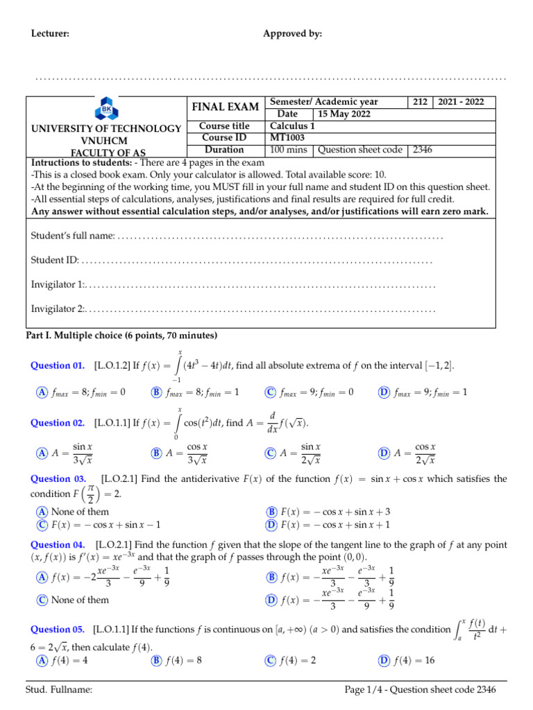De - Thi - 15 - 05 - 2022 - Cal1 - 2346 (1) | PDF | Mathematics | Geometry