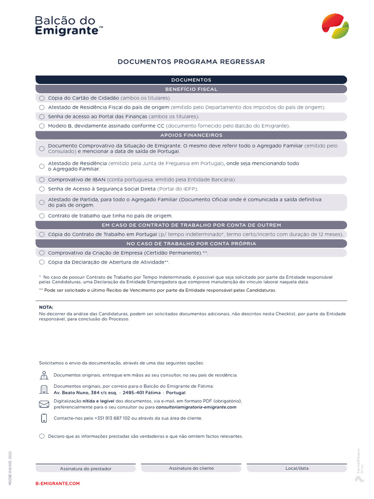 Checklist - Documentos Programa Regressar | PDF
