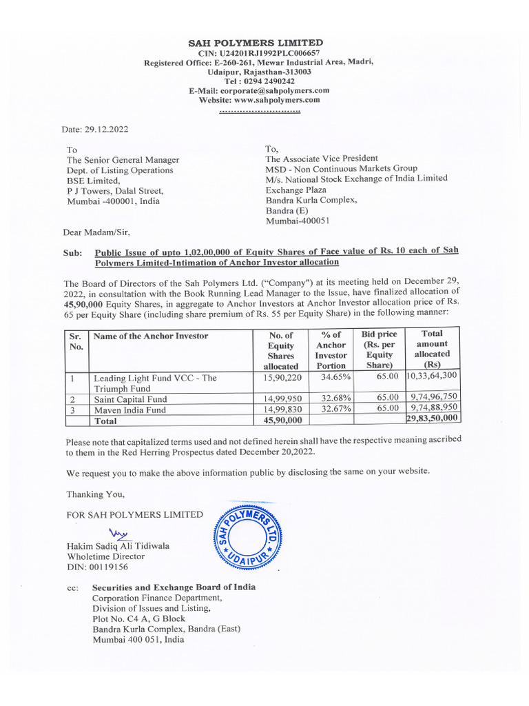 Anchor Allocation Intimation - SPL | PDF