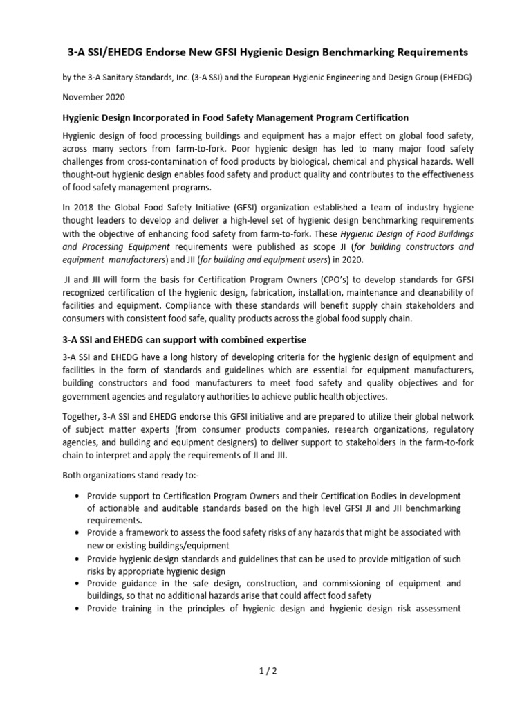3-A SSI/EHEDG Endorse New GFSI Hygienic Design Benchmarking Requirements | PDF