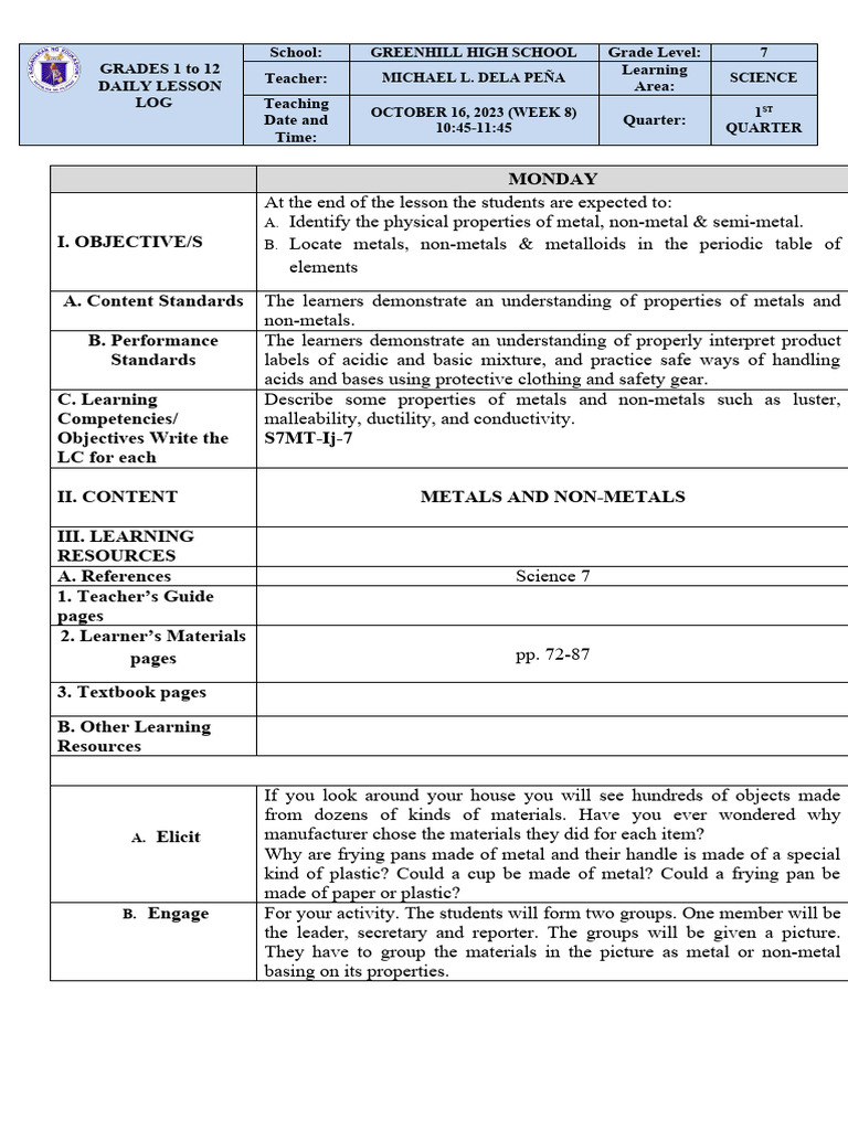 GRADES 1 To 12 Daily Lesson LOG School: Grade Level: Teacher: Learning ...