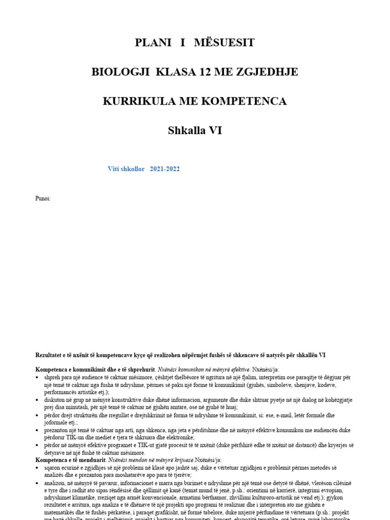Plan Biologji Me Zgjedhje 12 Ithnmw | PDF