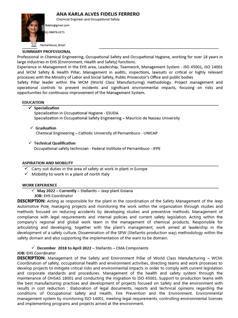 Cv Ana Karla Alves Fidelis Ferrero_english | PDF | Occupational Safety And Health | Safety