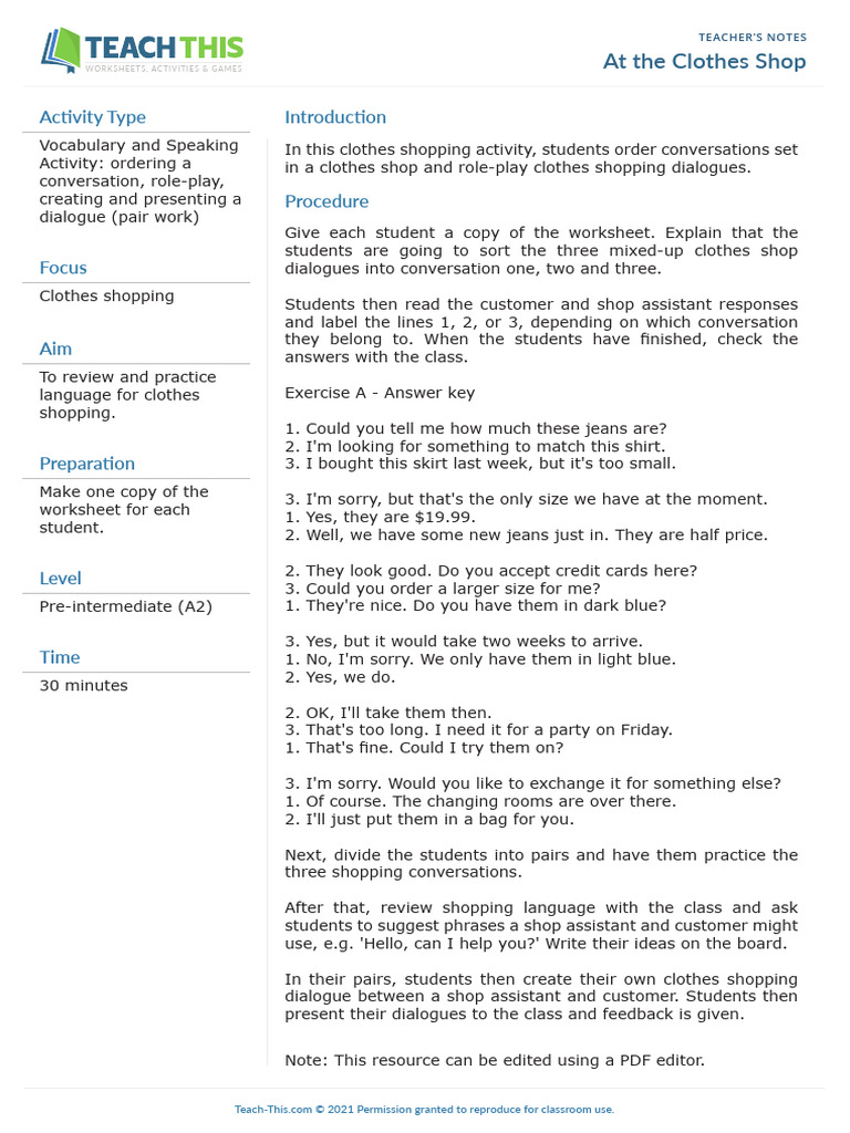Clothes Shop Dialogue Activity | PDF