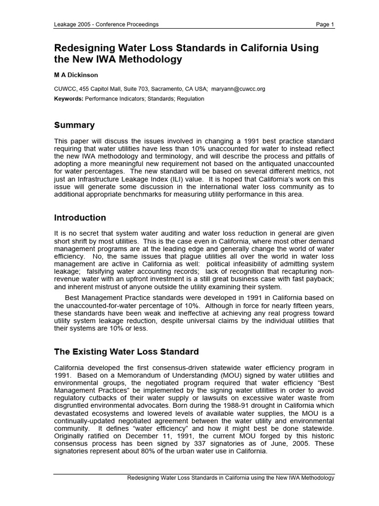 Redesigning Water Loss Standards in California Using The New IWA Methodology | PDF