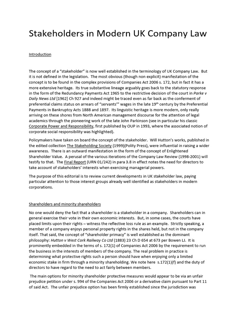Stakeholders in UK Company Law Explained | PDF