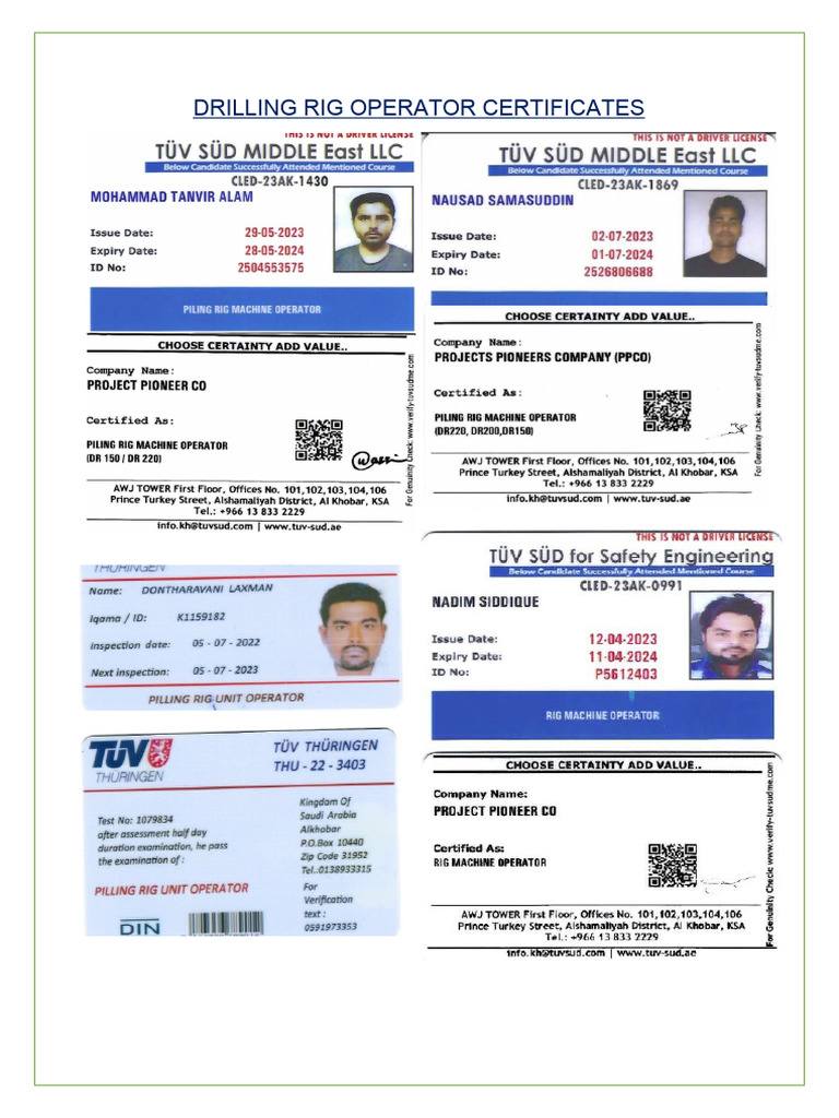 Piling Rig & Anode Drilling Operator Certificates | PDF