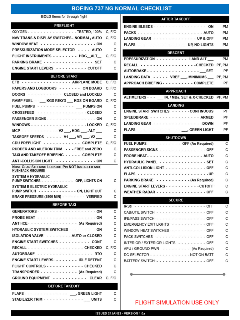 B737-800 Normal Checklist (KGS) | PDF