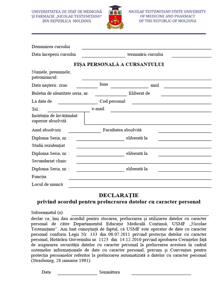 Fisa Personala A Cursantului - Declaratie - Obligatiuni Model | PDF