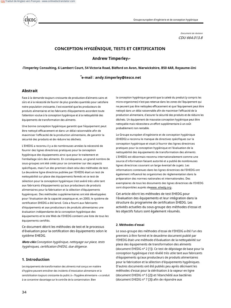 Conception Hygiénique, Tests Et Certification: Andrew Timperley | PDF