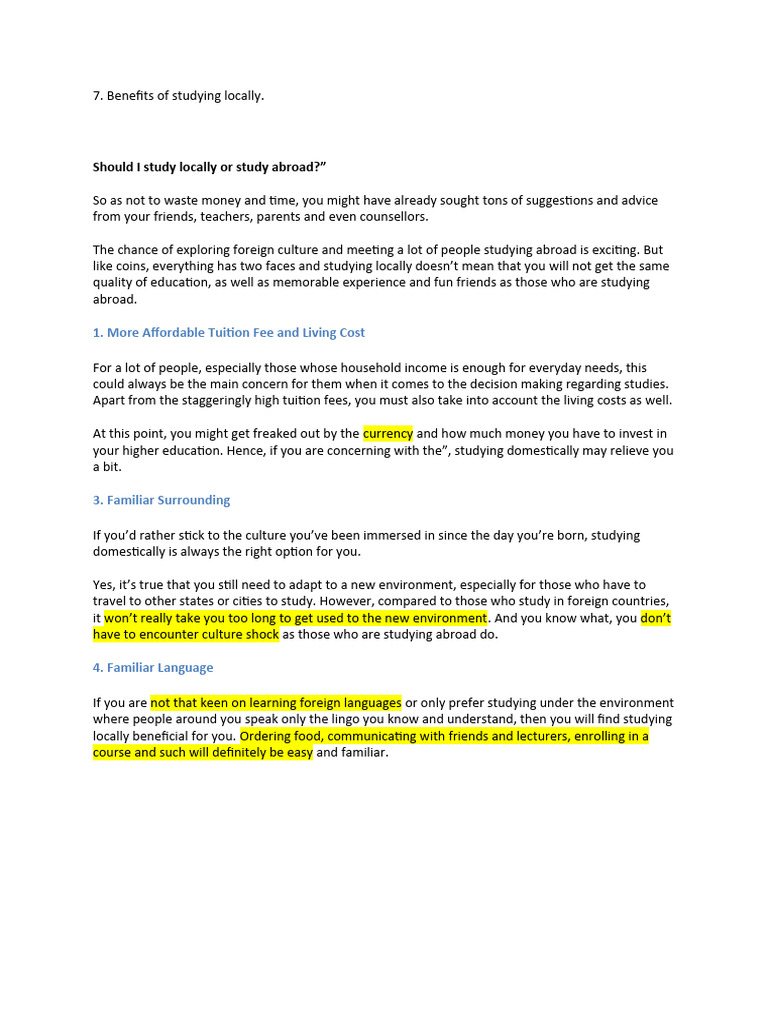 Benefits of Studying Locally | PDF | Career & Growth | Lifestyle