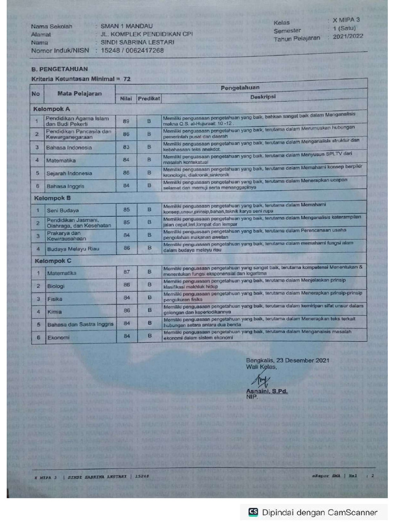 Rapor Semester 1-5 Sindi Sabrina Lestari | PDF
