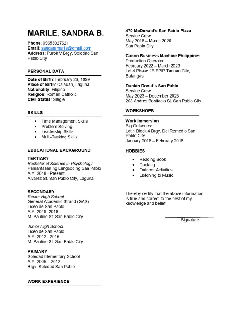 Sandra B. Marile's Resume Summary | PDF | Career & Growth