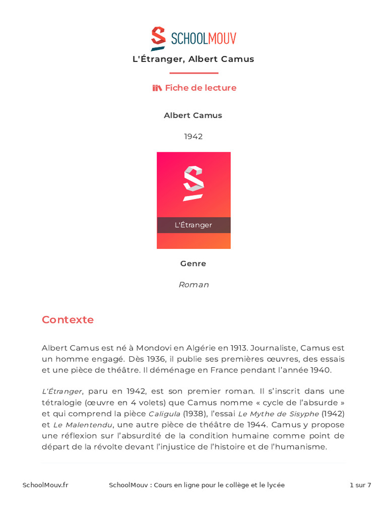 L Etranger Albert Camus - Fiche de Lecture | PDF