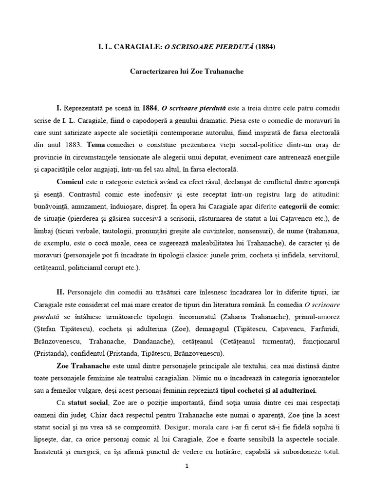 O SCRISOARE PIERDUTA ZOE Caracterizare | PDF