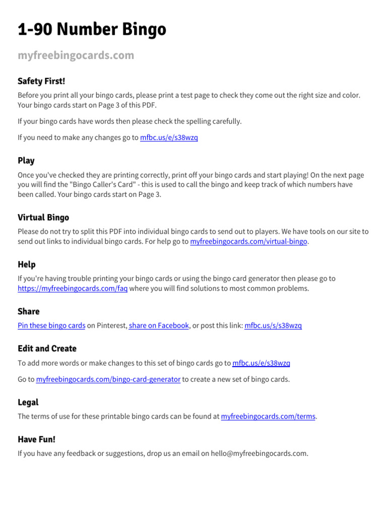 190 Number Bingo | PDF