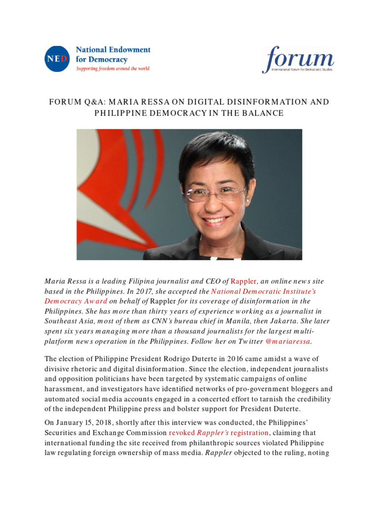 Maria Ressa On Digital Disinformation and Philippine Democracy in The ...