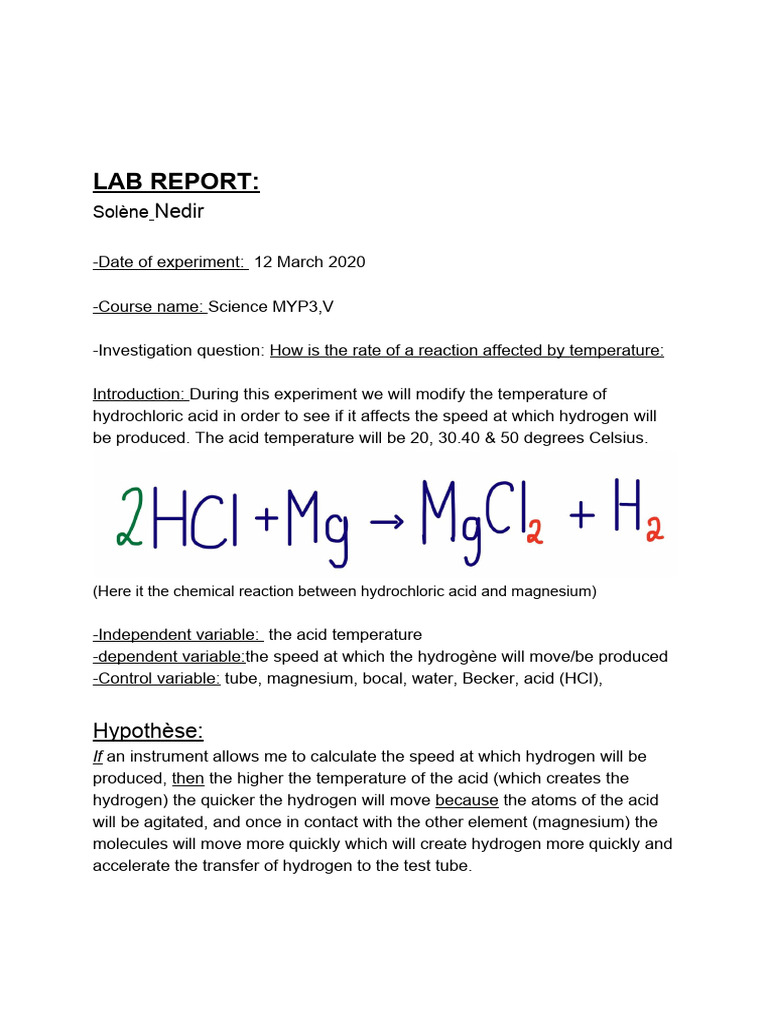 Reaction Rate & Temperature Lab Report | PDF