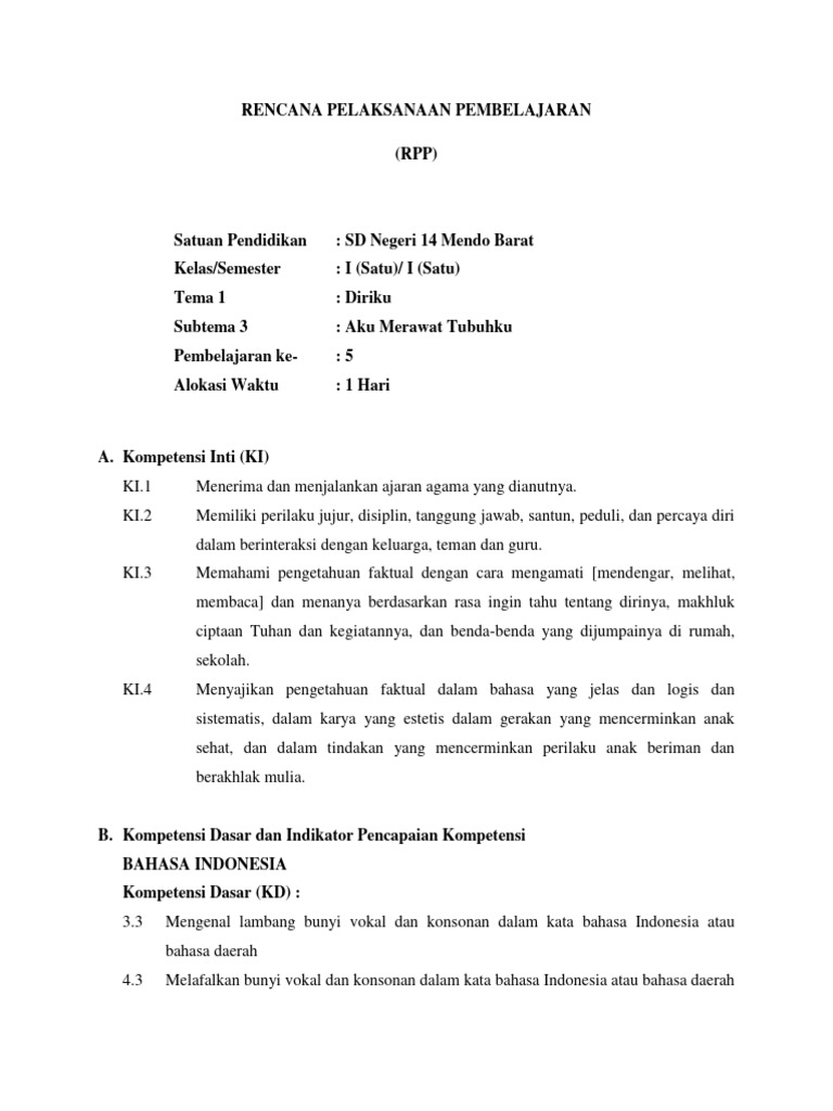 RPP Kelas 1 Tema 1 Subtema 3 Pembelajaran 5 | PDF
