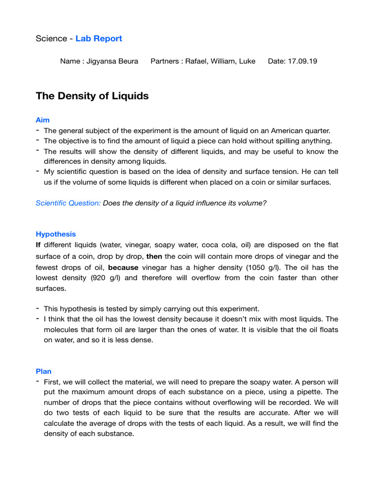 Liquid Density Lab Report | PDF