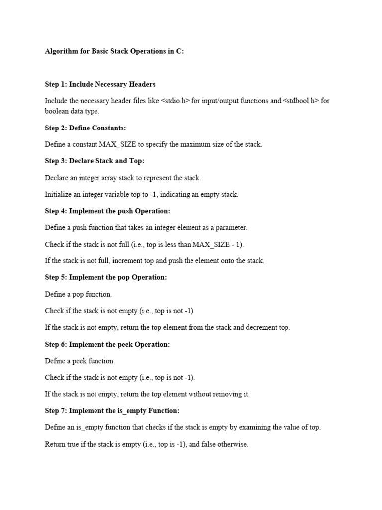 Algorithm and Program of Stacks in C | PDF