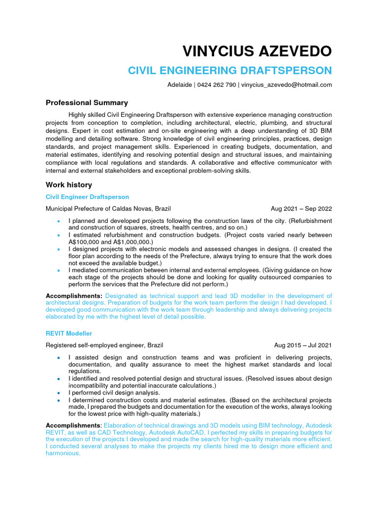 CV VInycius Civil Engineering Draftsperson | PDF