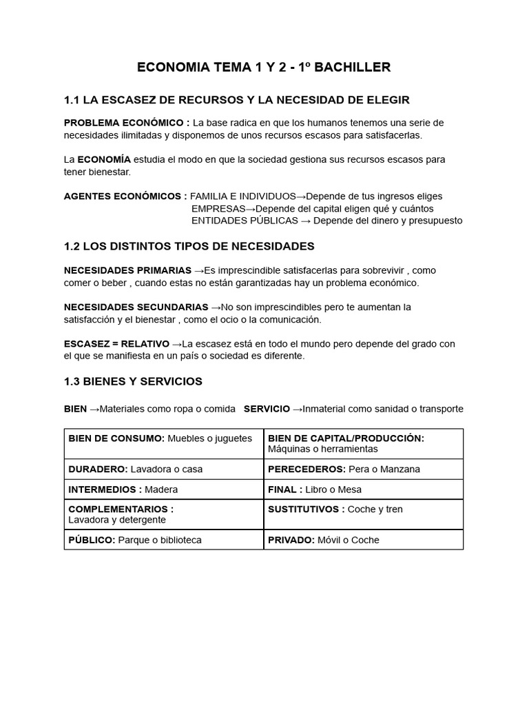 Economia Tema 1 y 2 - 1º Bachiller | PDF