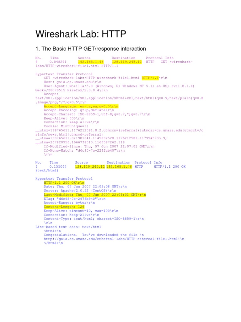 Wireshark Lab: HTTP: 1. The Basic HTTP GET/response Interaction | PDF ... Wireshark Lab: HTTP: 1. The Basic HTTP GET/response Interaction | PDF ...