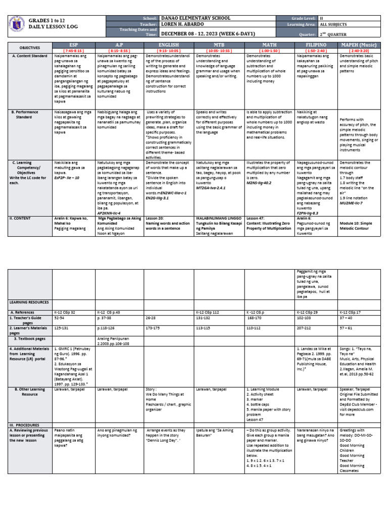 DLL - All Subjects 2 - Q2 - W6 - D1 | PDF