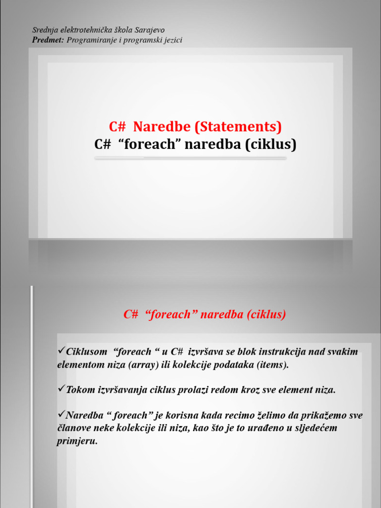 C# - Naredbe (Statements) - Foreach Petlja | PDF