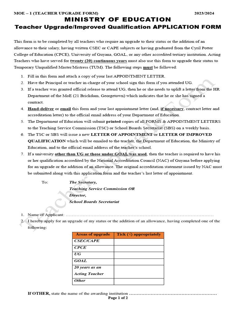 Ministry of Education: Teacher Upgrade/Improved Qualification APPLICATION FORM | PDF