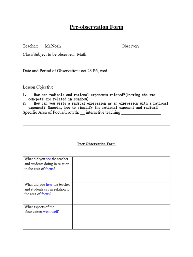 HIA-Peer Observation Forms | Download Free PDF | Teachers | Learning
