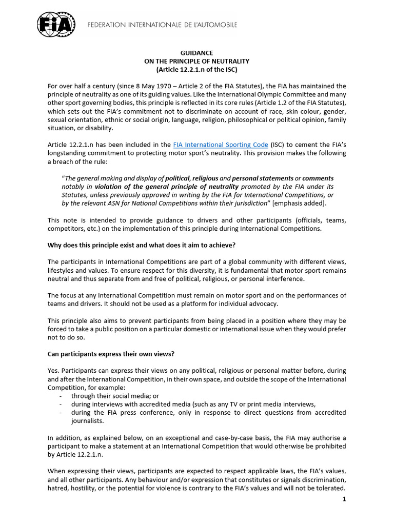 Fia Guidance On The Principle of Neutrality - 2023-02-17 | PDF | Politics