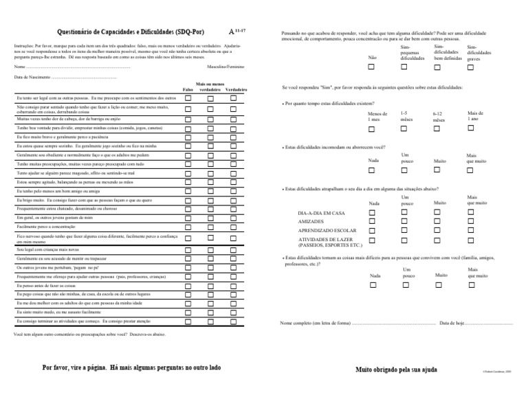 Questionário SDQ: Capacidades e Dificuldades | PDF