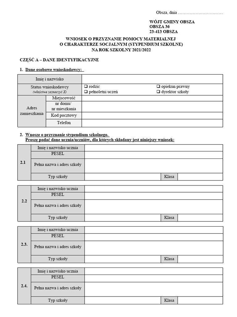 Wniosek o Stypendium Szkolne | PDF