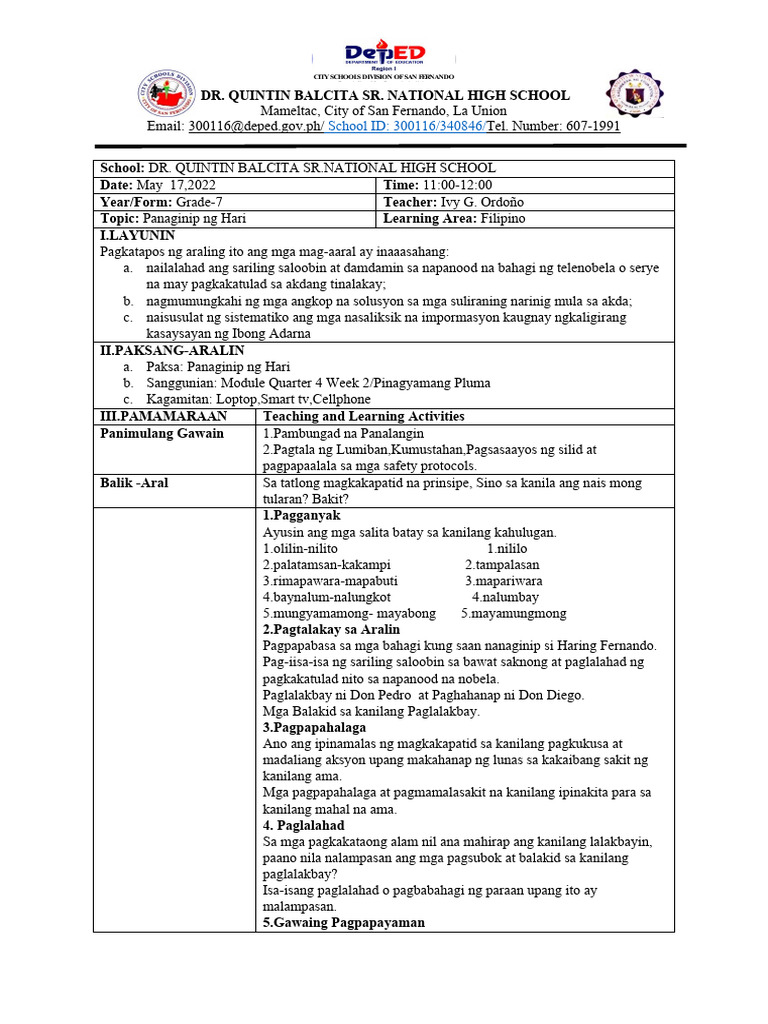 WEEK 2 Lesson Plan Quarter 4-Week 2 IBONG ADARNA | PDF