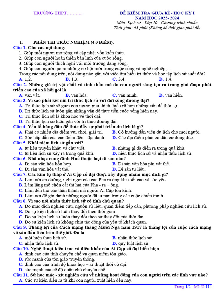 De Thi GK 1 Su 10 CD de 3. | PDF