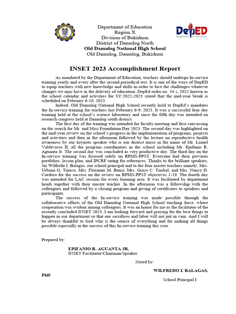 INSET 2023 Report: Old Damulog High School | PDF