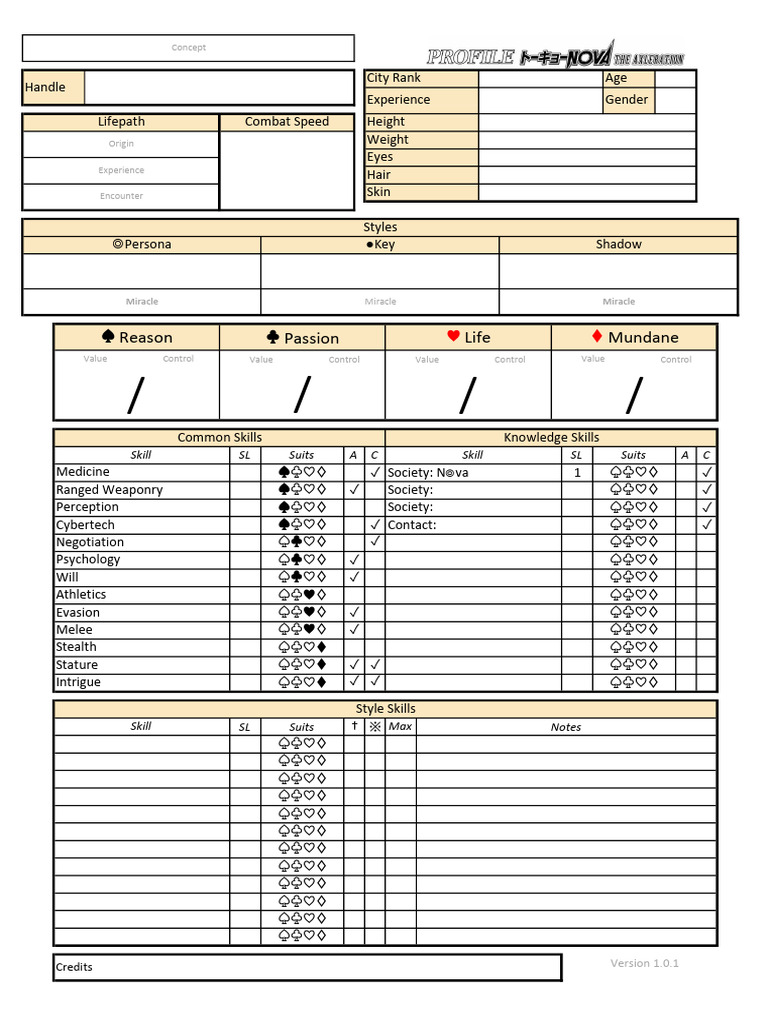 Tokyo Nova Profile Sheet v1.0.1 (English) | PDF