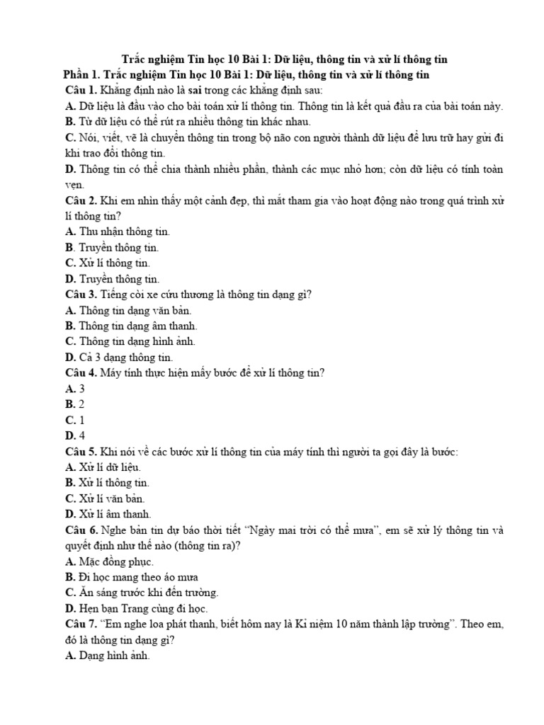 ÔN TẬP TIN 10 K ĐÁP ÁN | PDF