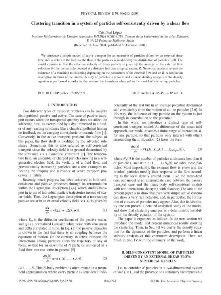 Clustering Transition in A System of Particles Self-Consistently Driven by A Shear Flow ...