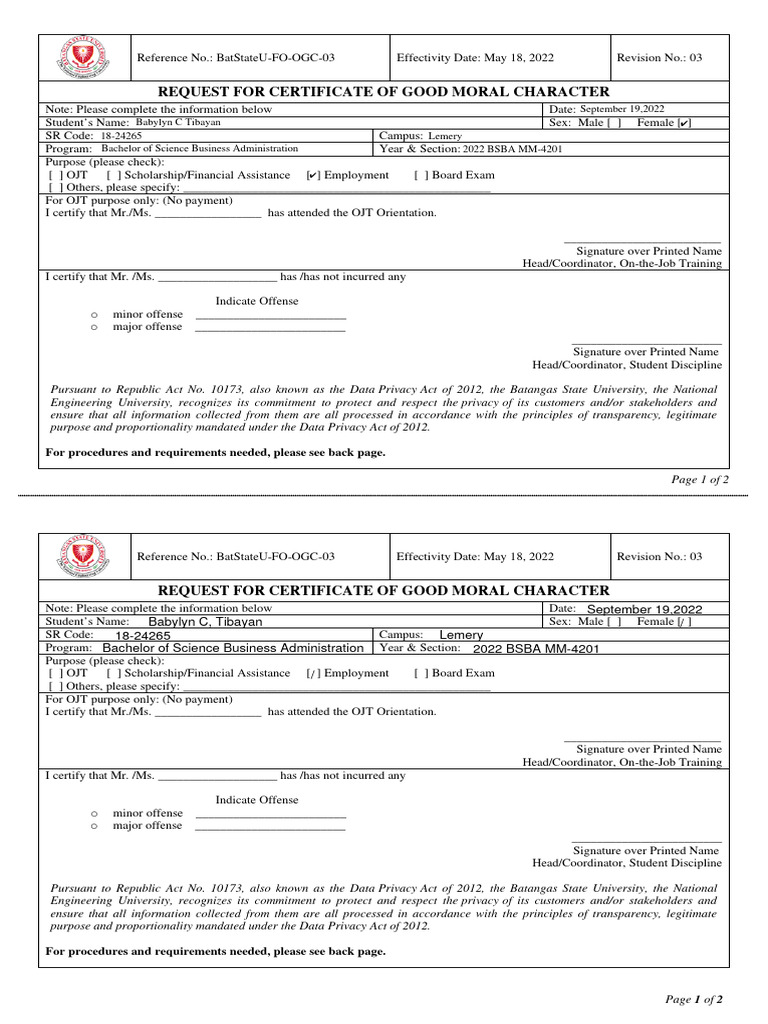 Request For Certificate of Good Moral Character | PDF