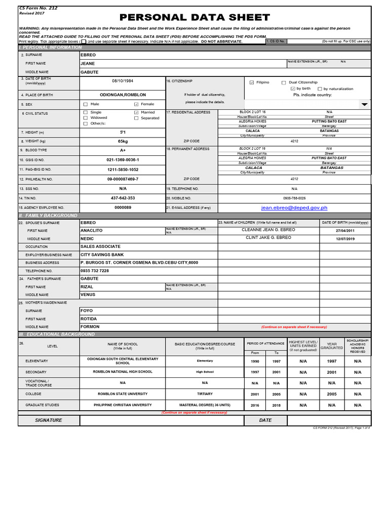 PDS CS Form No. 212 Personal Data Sheet | PDF